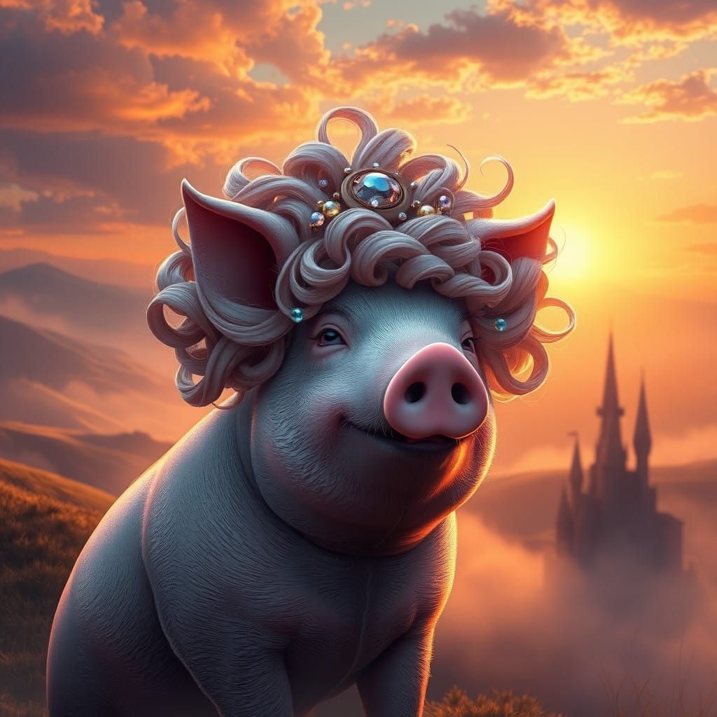 pig wig - Pig in Majestic, Curly Wig Amidst Vibrant Fantasy ...
