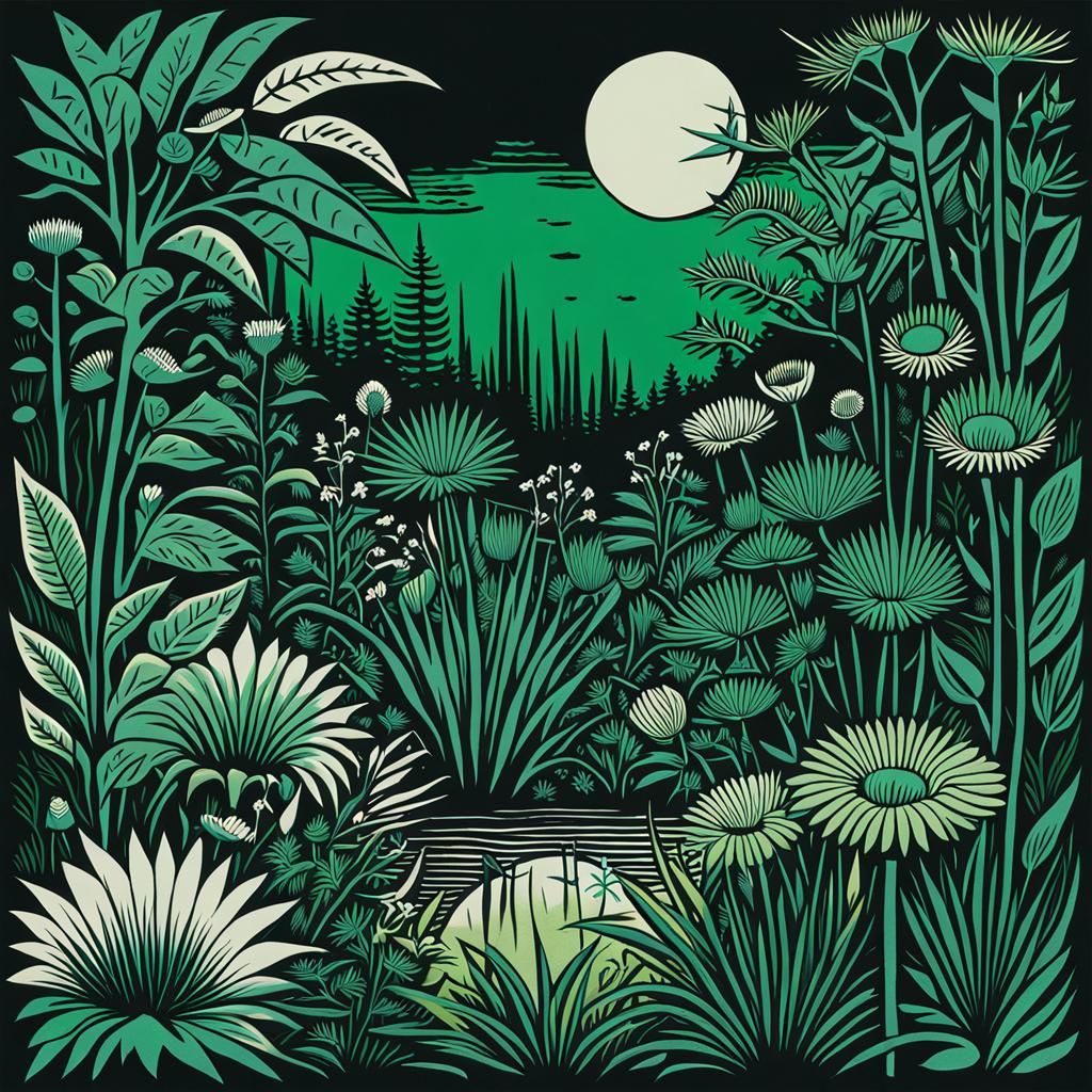 Linocut Bright Green Plants - AI Generated Artwork - NightCafe Creator