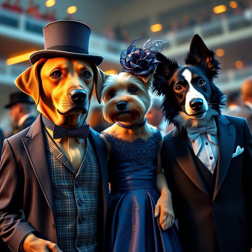 A male tan Labrador dog, a female Yorkshire Terrier, and a male black ...