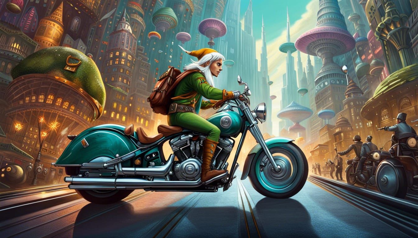 Elf hipster riding cruiser chopper motorcycle through fantastical ...