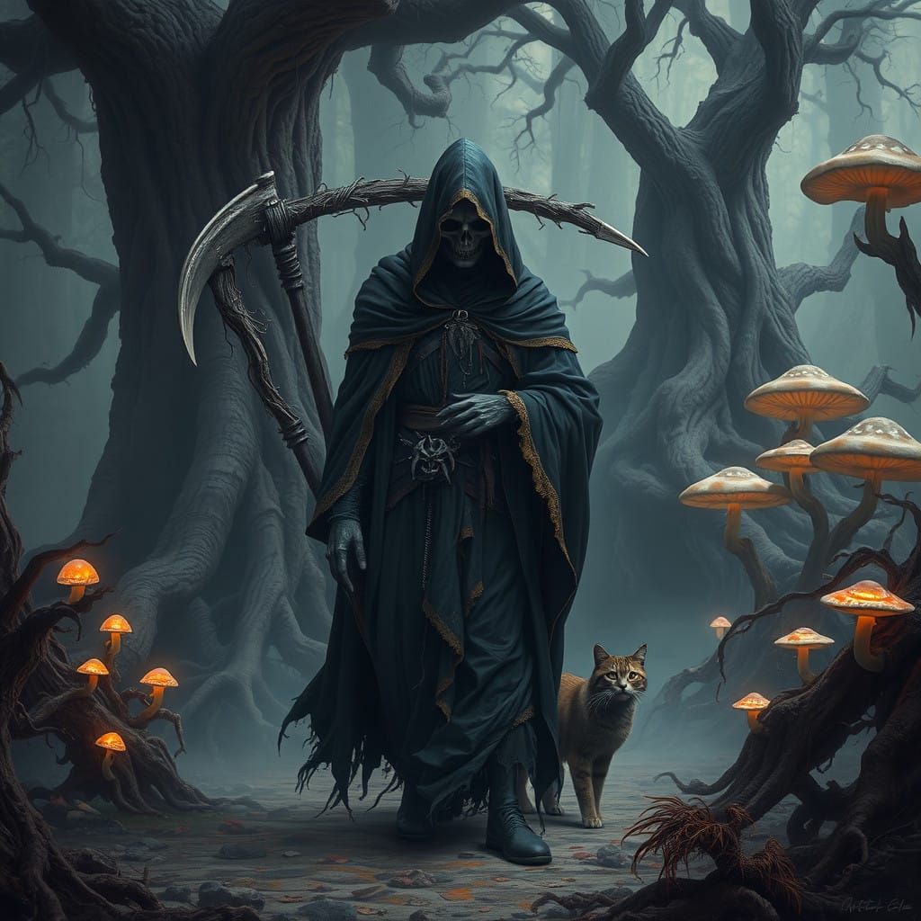 a grim reaper walking with his cat - Majestic Grim Reaper Wa...