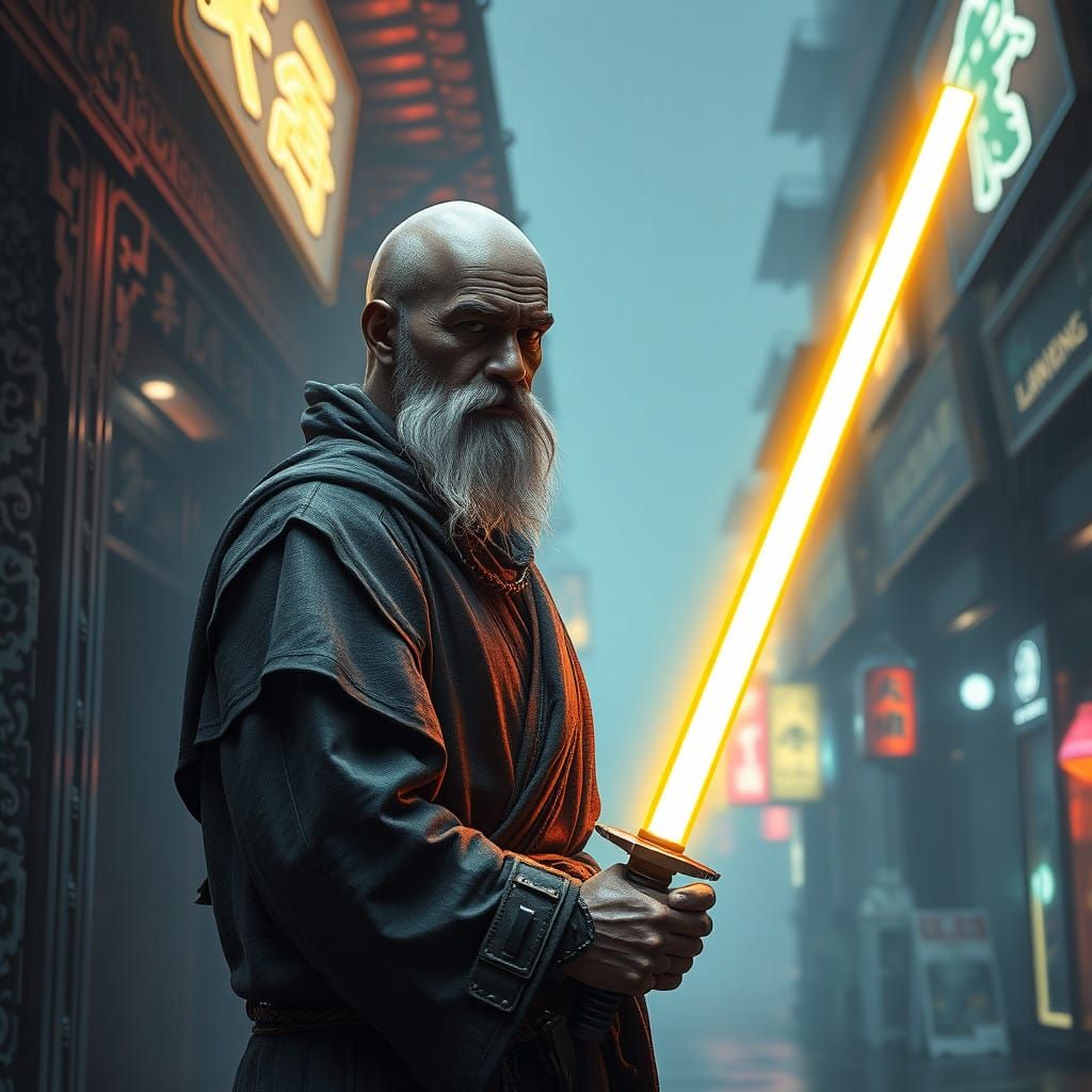 60 year old bald black male Jedi Knight with black and white beard ...