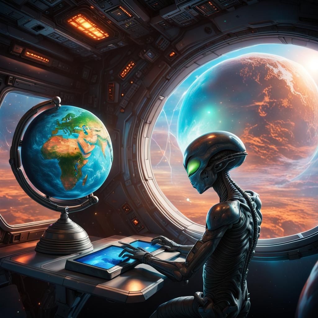 ALIEN LOOKING AT A HOLOGRAPHIC GLOBE - AI Generated Artwork - NightCafe ...