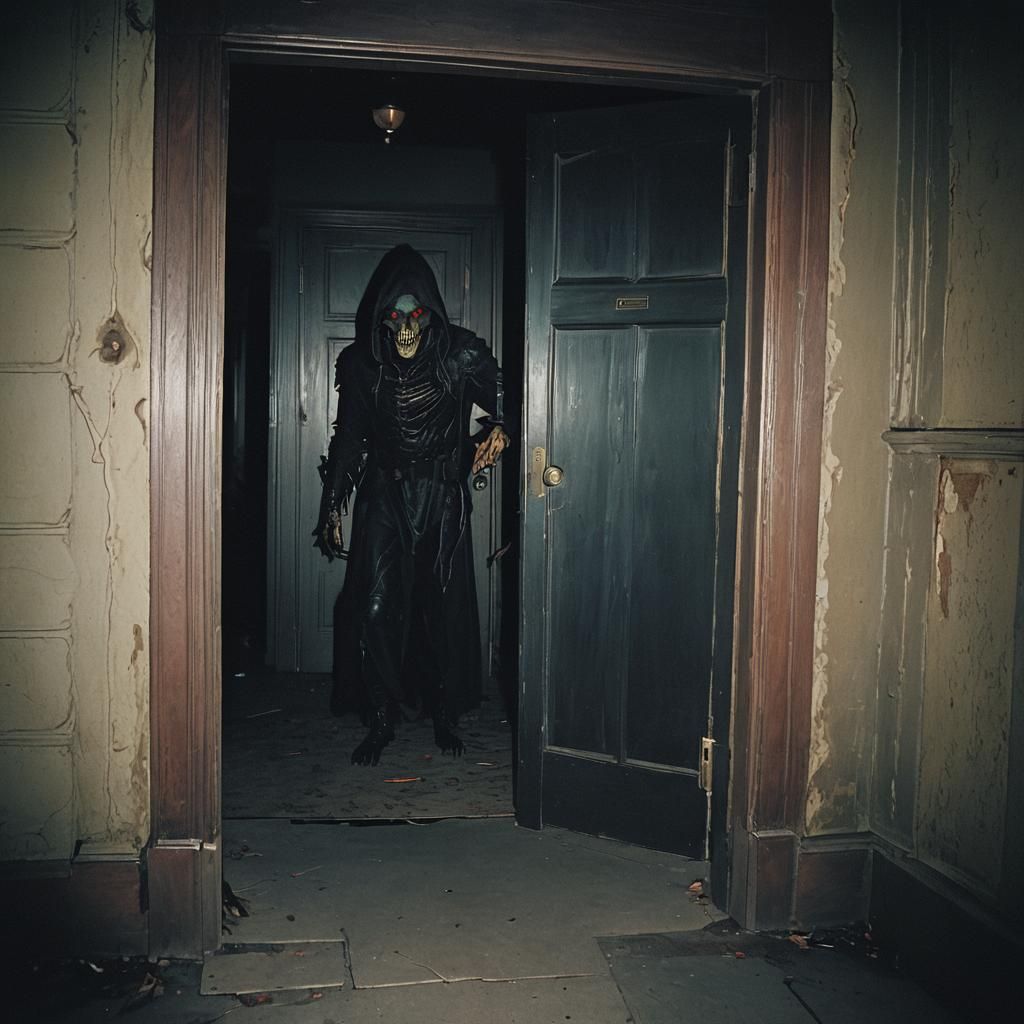 a scary entity lurking in a doorway, film grain, dark fantasy Cinematic ...