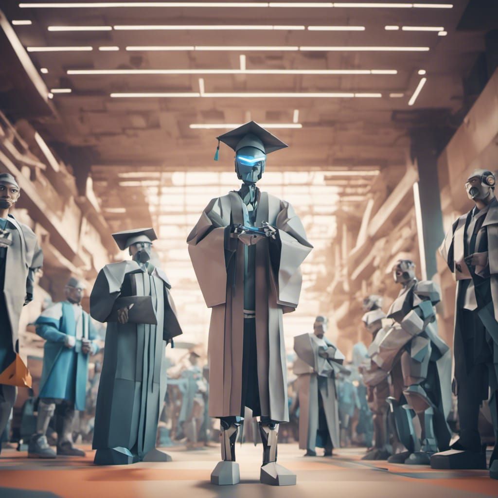 A robot professor wearing a graduation cap and gown n standing in front ...
