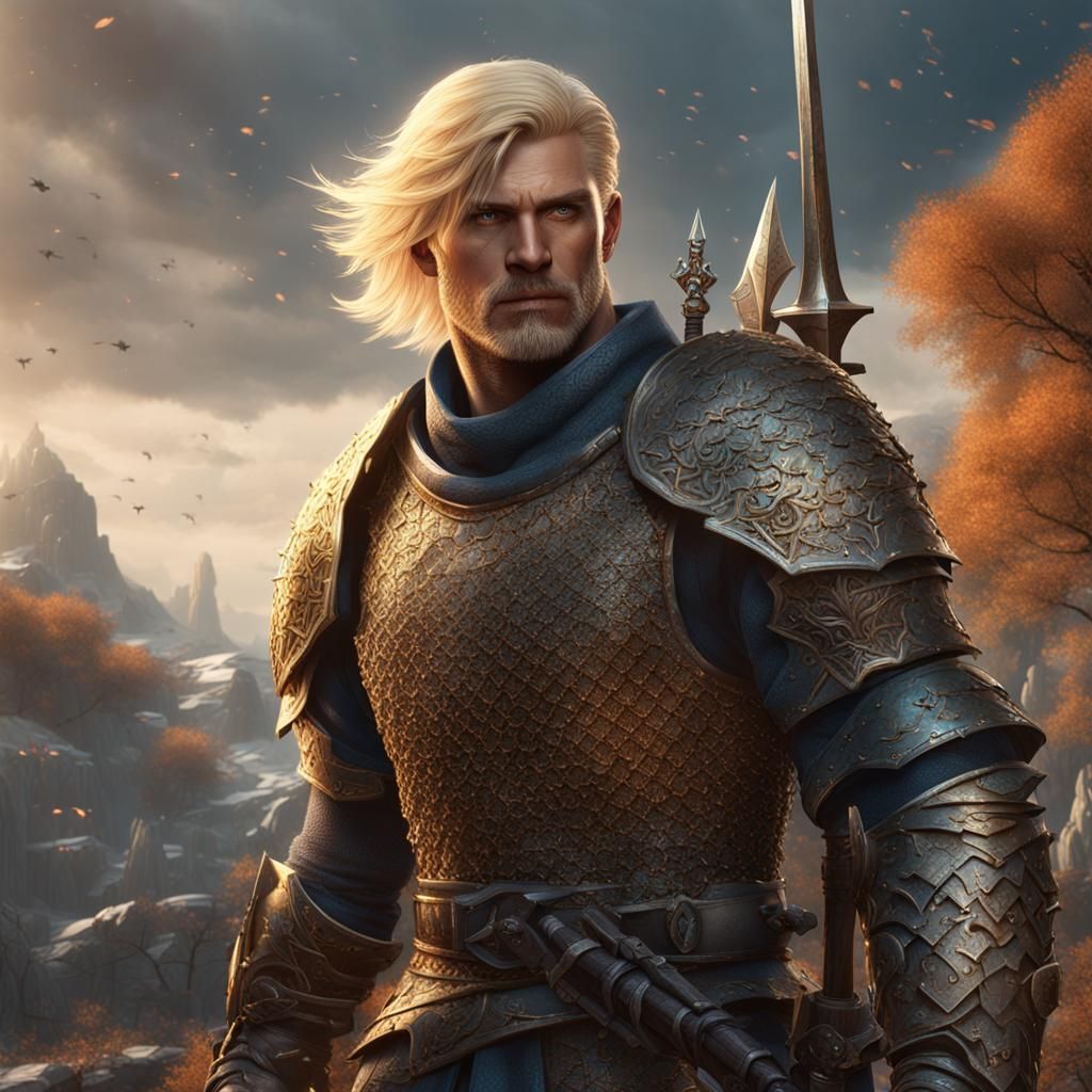 blond male with chainmail armor and a glaive pole weapon - AI Generated ...
