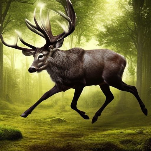 Stag running in the forest - AI Generated Artwork - NightCafe Creator