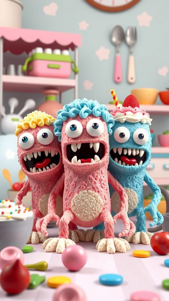 Whimsical Cake Monsters Emerge from Bakery Wonderl... - AI Art