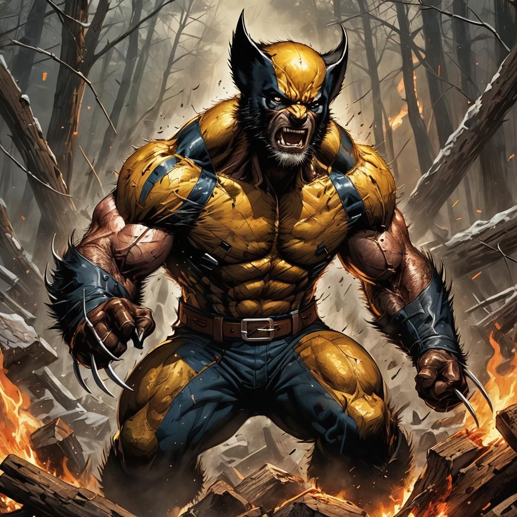 A fiercely rugged Wolverine, his striking fur bristling with power and intensity, expertly ...