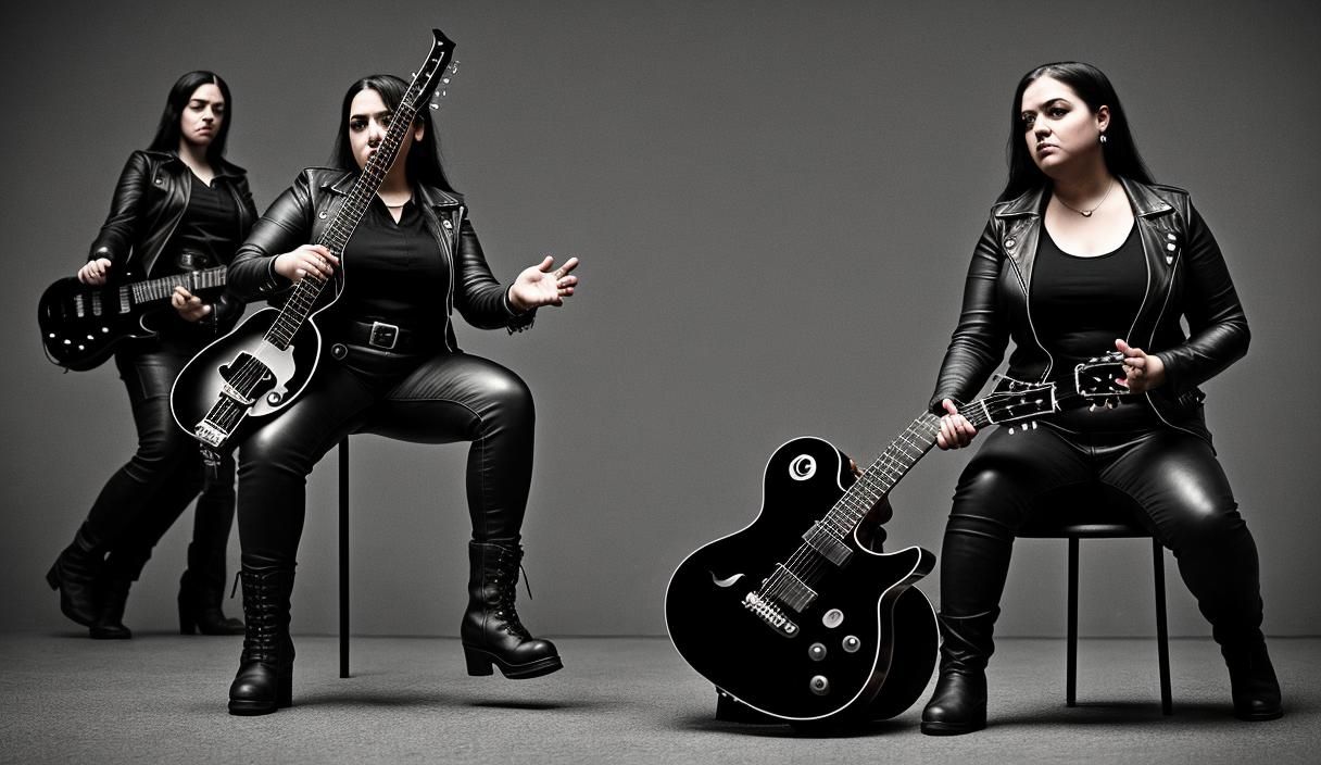 A womn in black.leather with two guitars crossed on her back. Above her ...