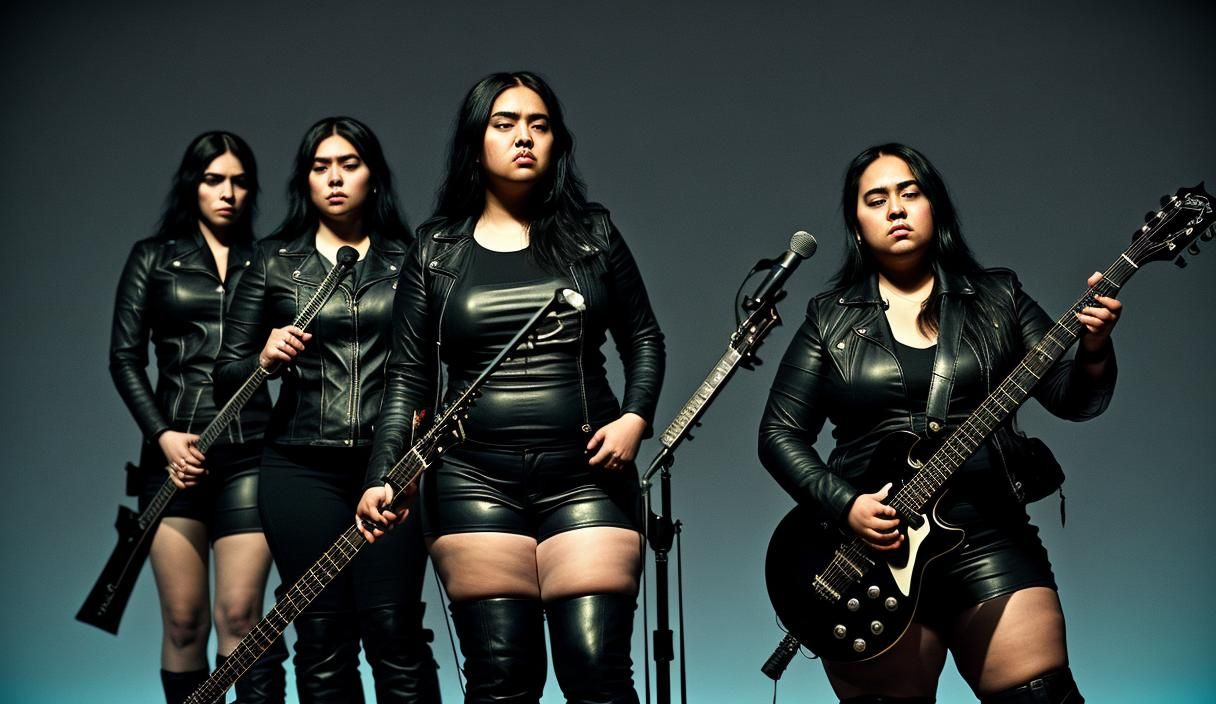 A womn in black.leather with two guitars crossed on her back. Above her ...