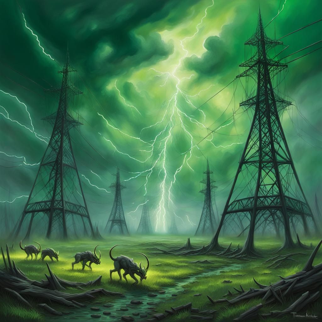 Field of magical pylons. Green clouds. Neon green lightning. Barren ...