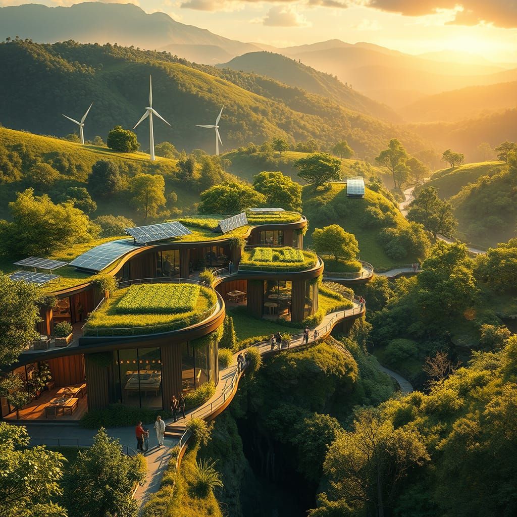 Surreal Solarpunk Eco-Village in Harmony with Natu... - AI Art
