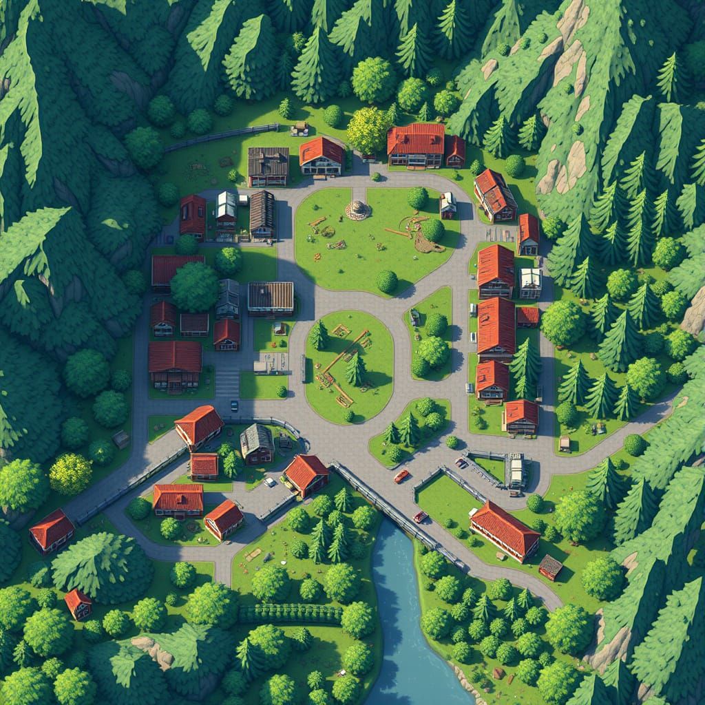 Modern Small Town in Light Forest and Farming Area... - AI Art