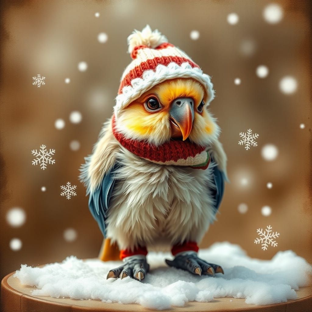 Cold baby 💖 - Whimsical Parrot Wears Winter Coat in Snowy L...