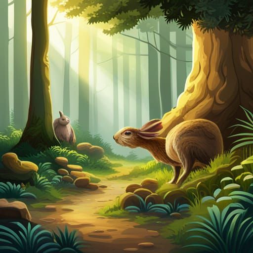 Set the scene in a serene forest, with a confident-looking hare and a ...