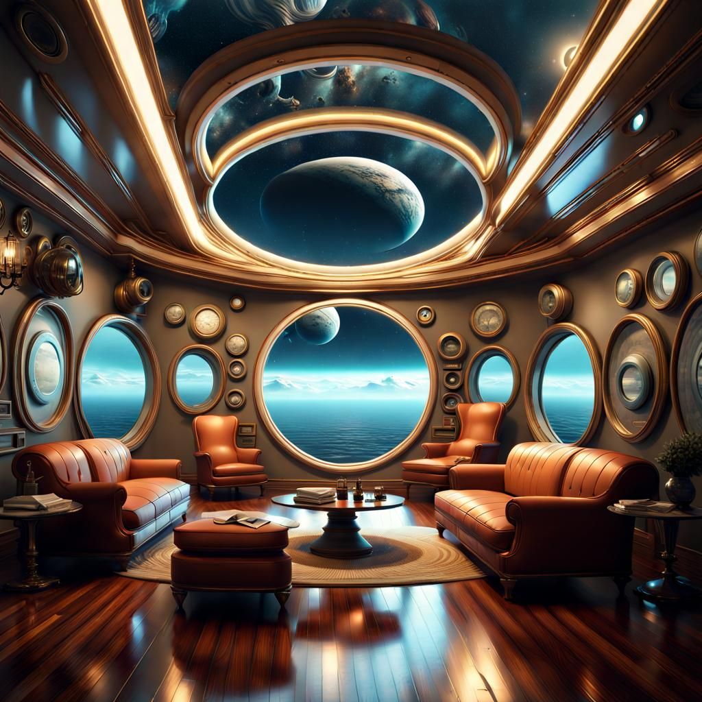 Interior of a spaceship/comfortable living room with portholes ...