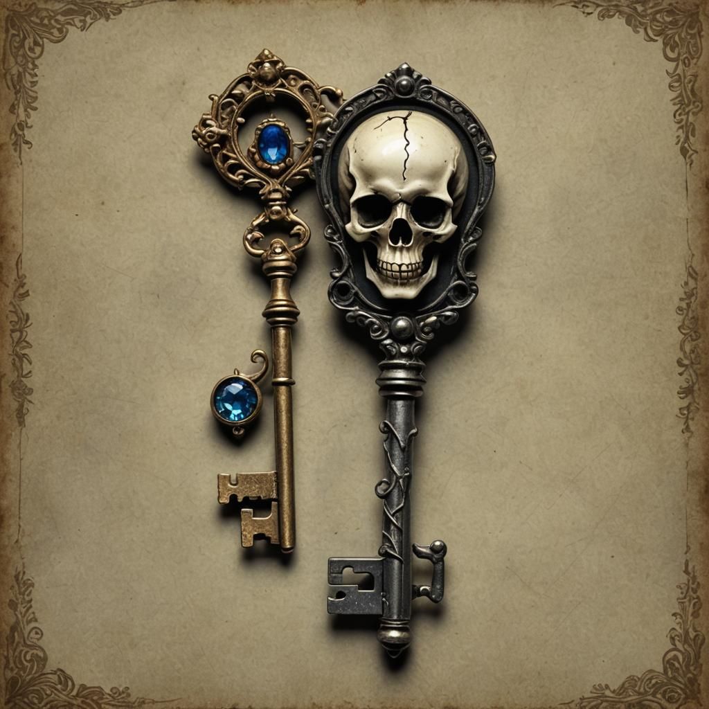 victorian key with a gem inset in the middle being held by a skeleton ...