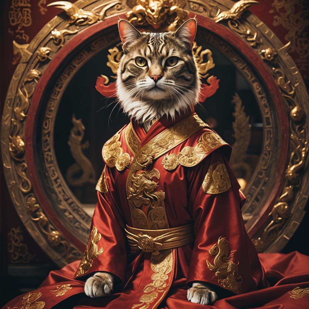 cat wearing an empress red silk robes with gold embroidered dragons in ...