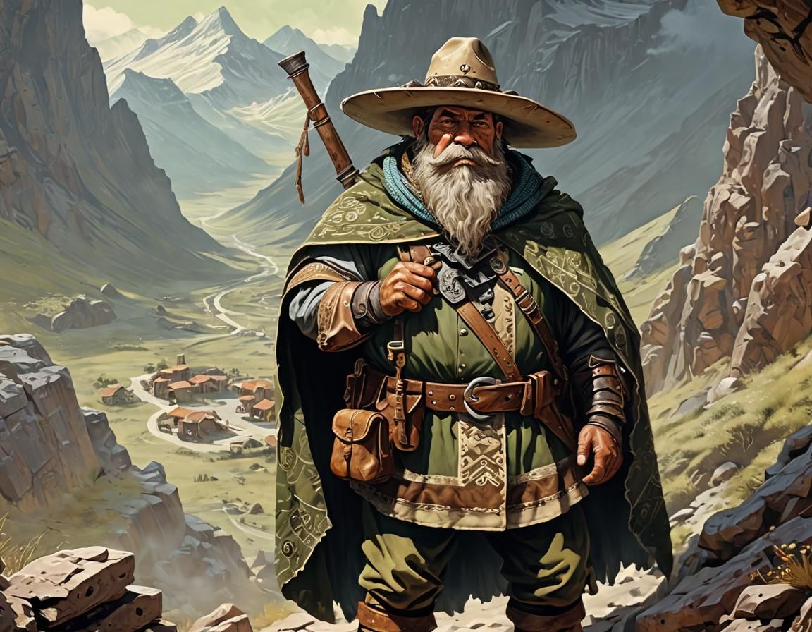 dwarven mexican ranger wearing camouflage poncho and wide sombrero ...