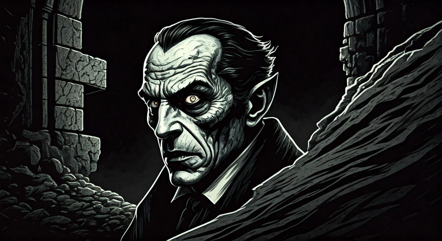 Eerie Vampire Emerges from Shadows in Decaying Cas... - AI Art