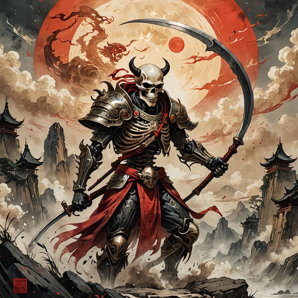 A fearsome and powerful skeleton demon with a scythe(long handle and ...