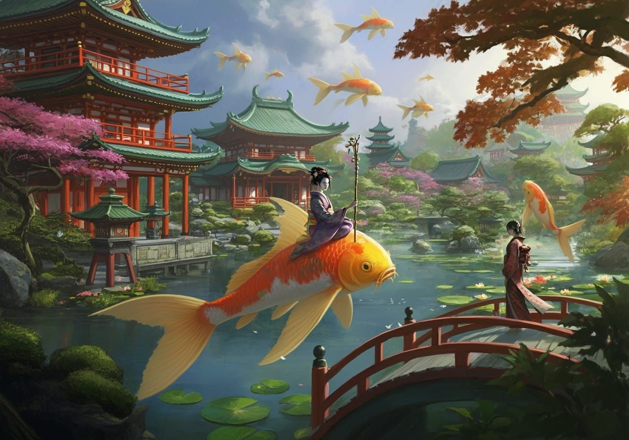 Geisha Rides Majestic Flying Koi Fish Amidst Vibra... - AI Art