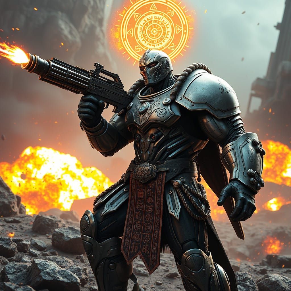 Cybernetic Warrior Stands Tall in Epic Battle - AI Art