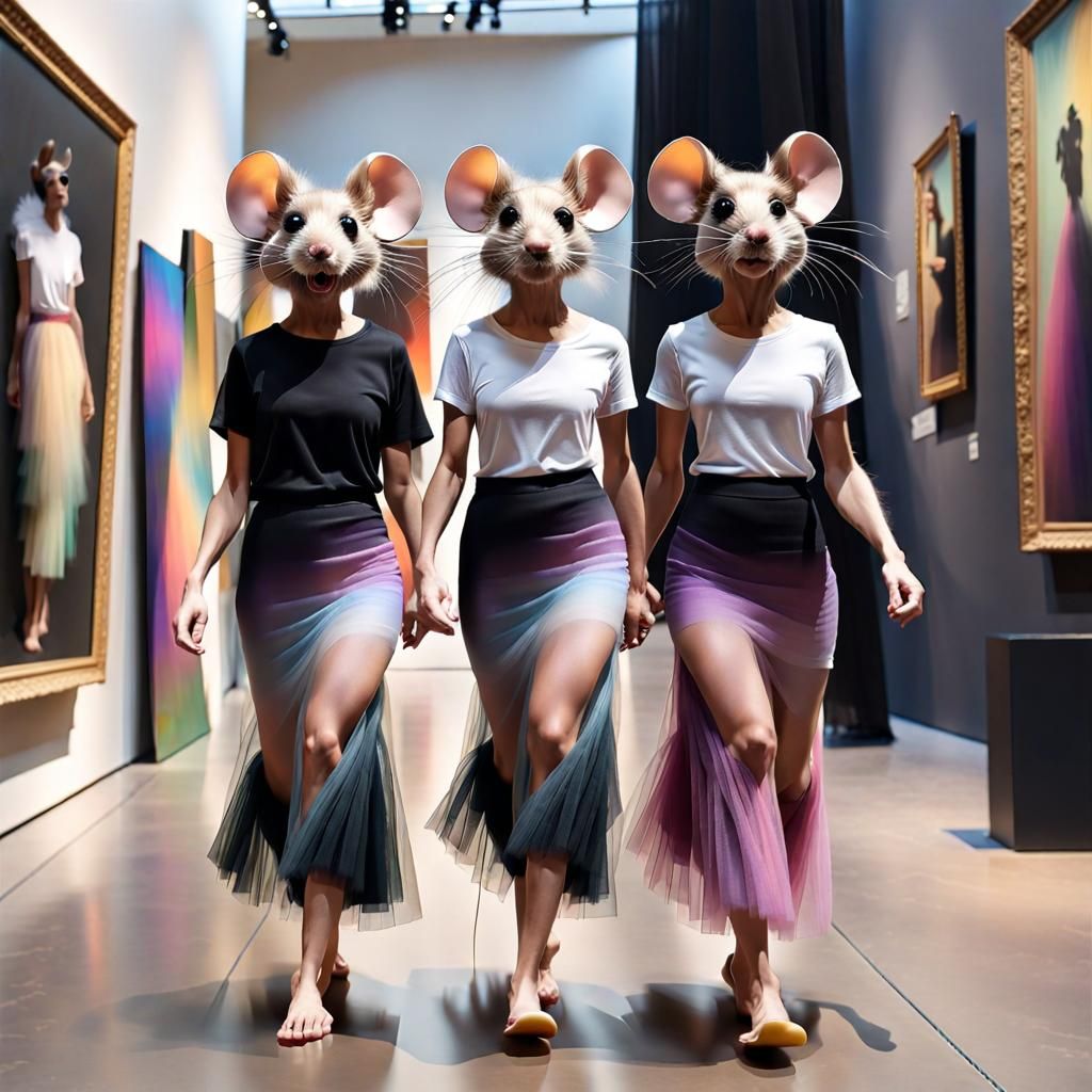Three female mice with human limbs visiting a modern art museum - AI ...