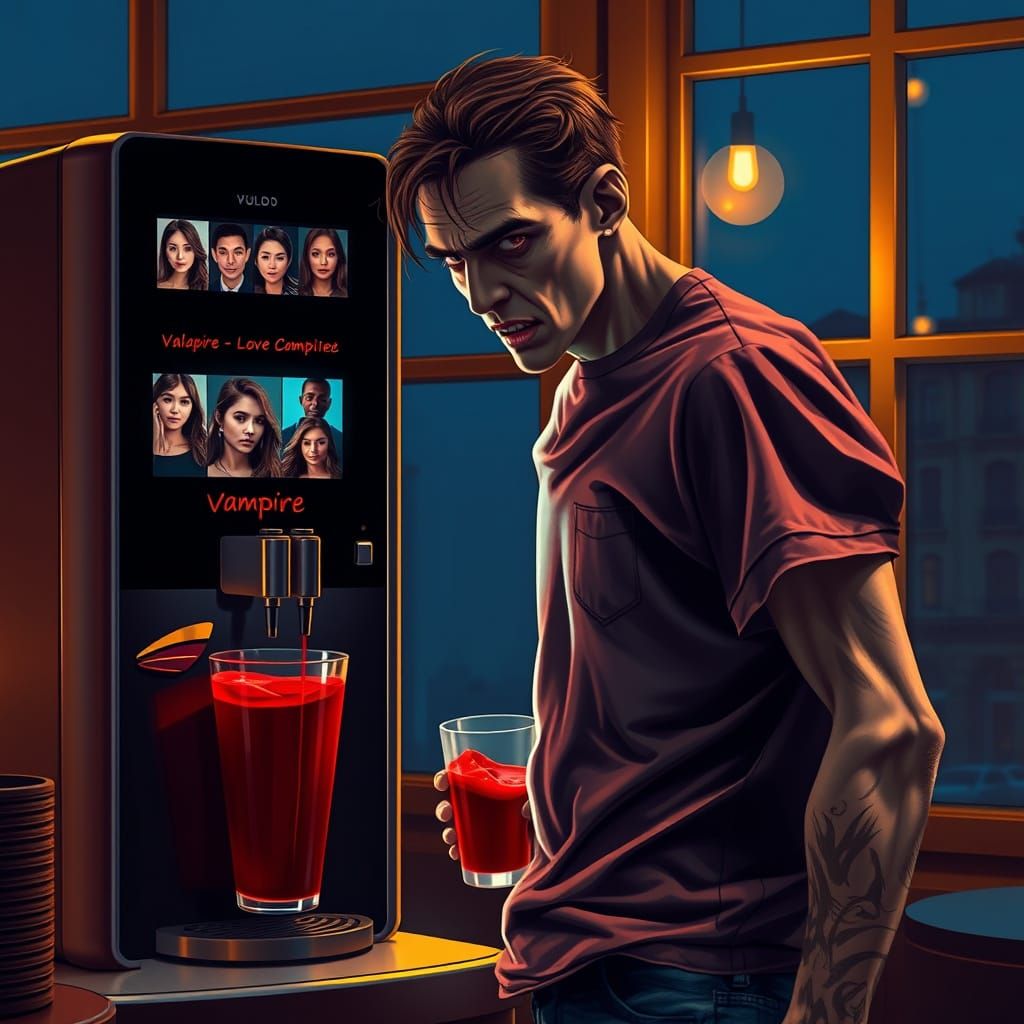 Vampire Sips Blood from Modern Soda Fountain Dispe... - AI Art