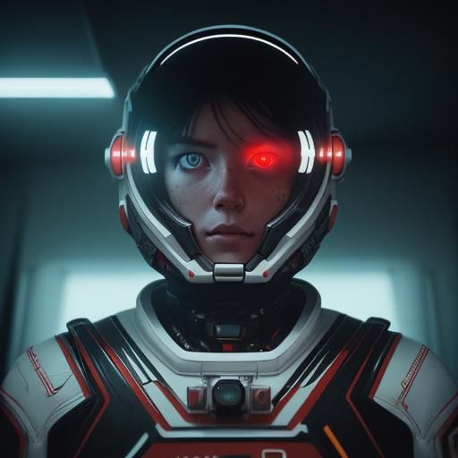 Cinematic detailed view mars black red silver astronaut inside semi-dark spacecraft artist ...