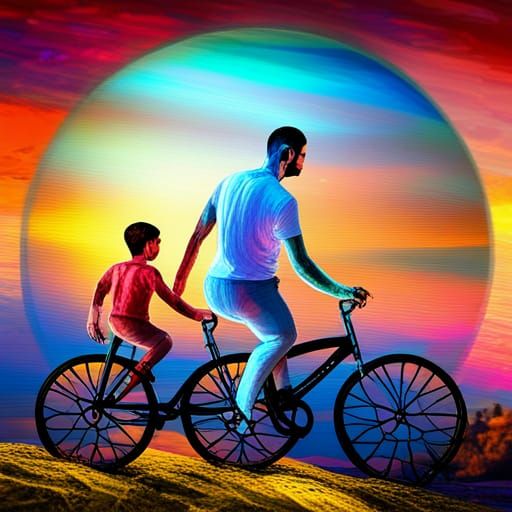 Tall father and little son riding bicycles against the sunset under ...