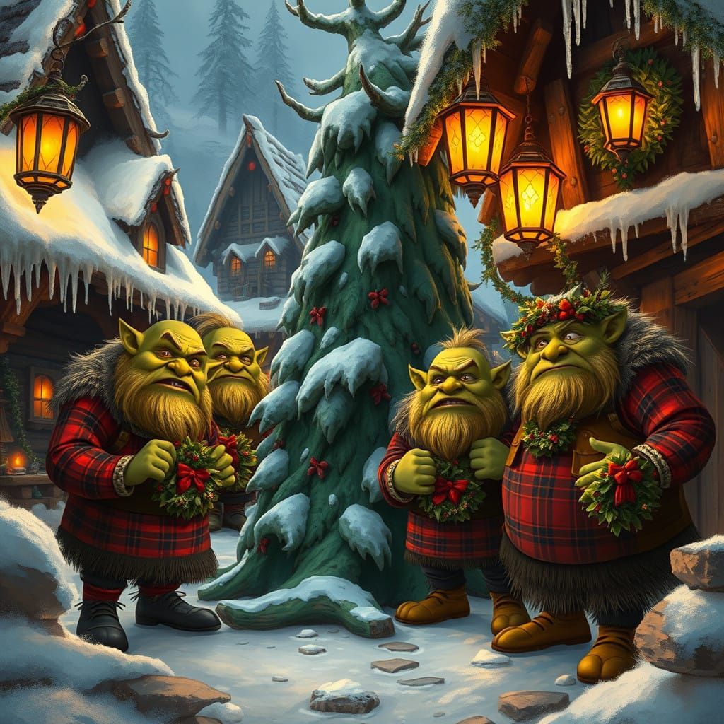 Lovable Ogres Dismantle Yule Tree in Whimsical Vil... - AI Art