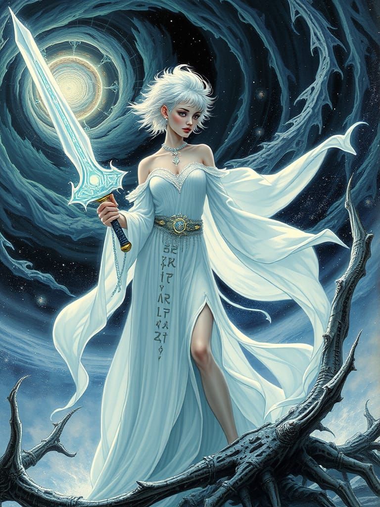 Star Goddess, pixie haircut, 1960s sword & sorcery aesthetic but set in outer space