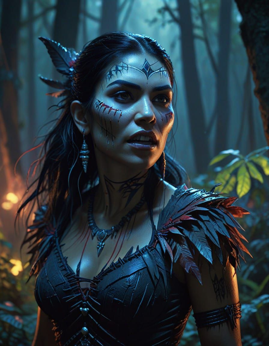 Native American Vampire Woman Walks Through Enchan... - AI Art