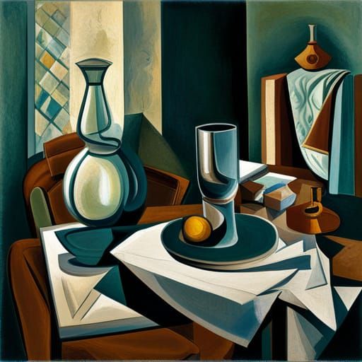 a painting of a vase and a glass on a table, by Pablo Picasso, cubism ...