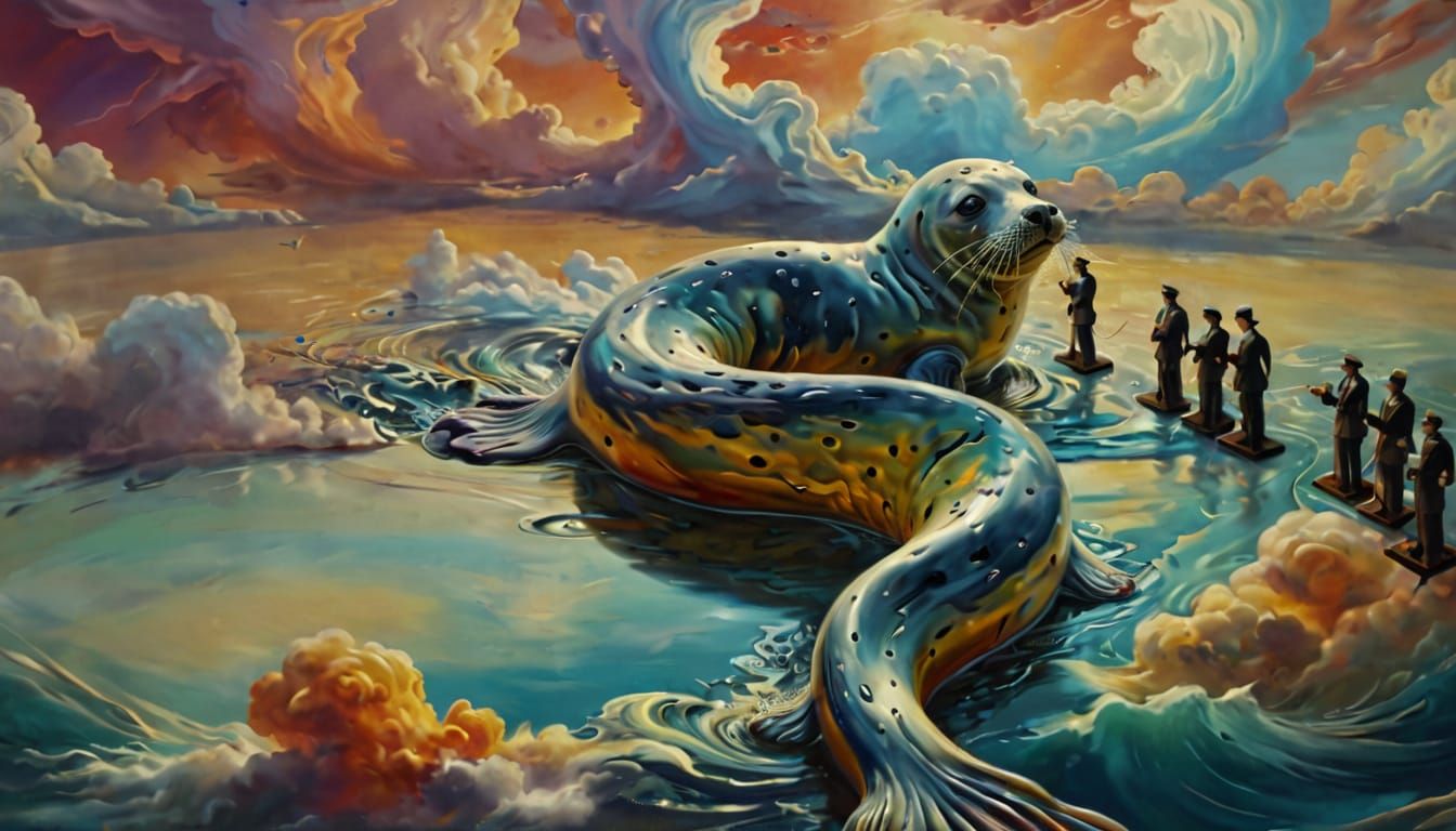 Surrealistic Harbor Seal Entity Soars in a Dreamli... - AI Art