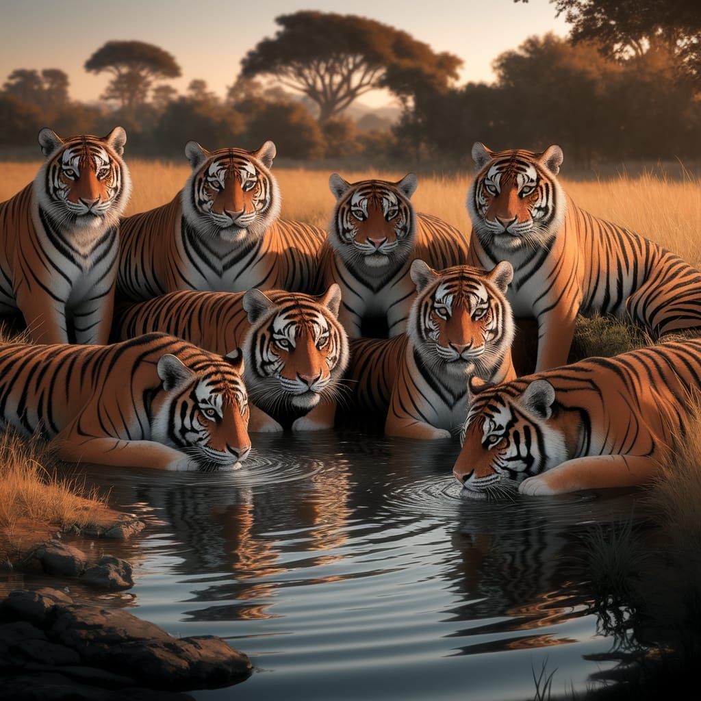 Group of tigers by a watering hole at sunset. Multiple tigers, various ...