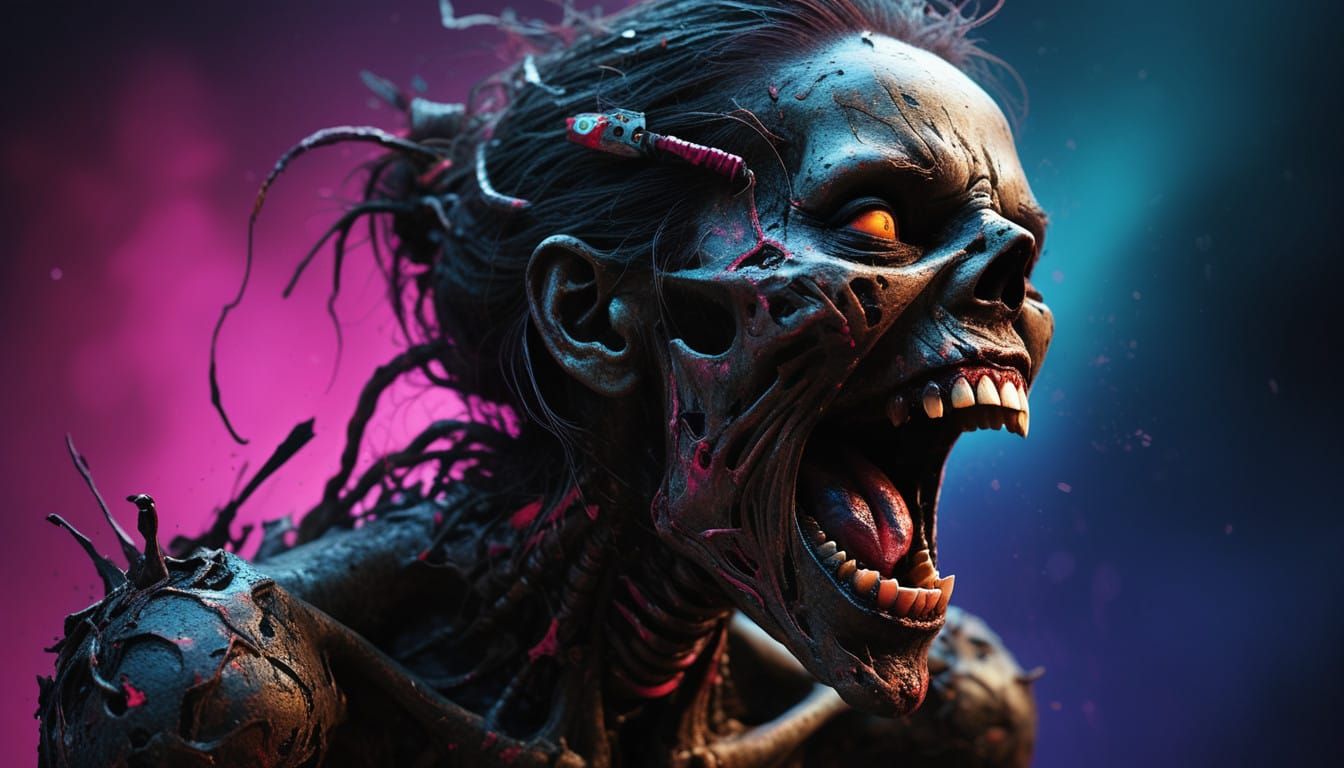 Undead rotting woman screaming agony crazy eyes rotten teeth a ...