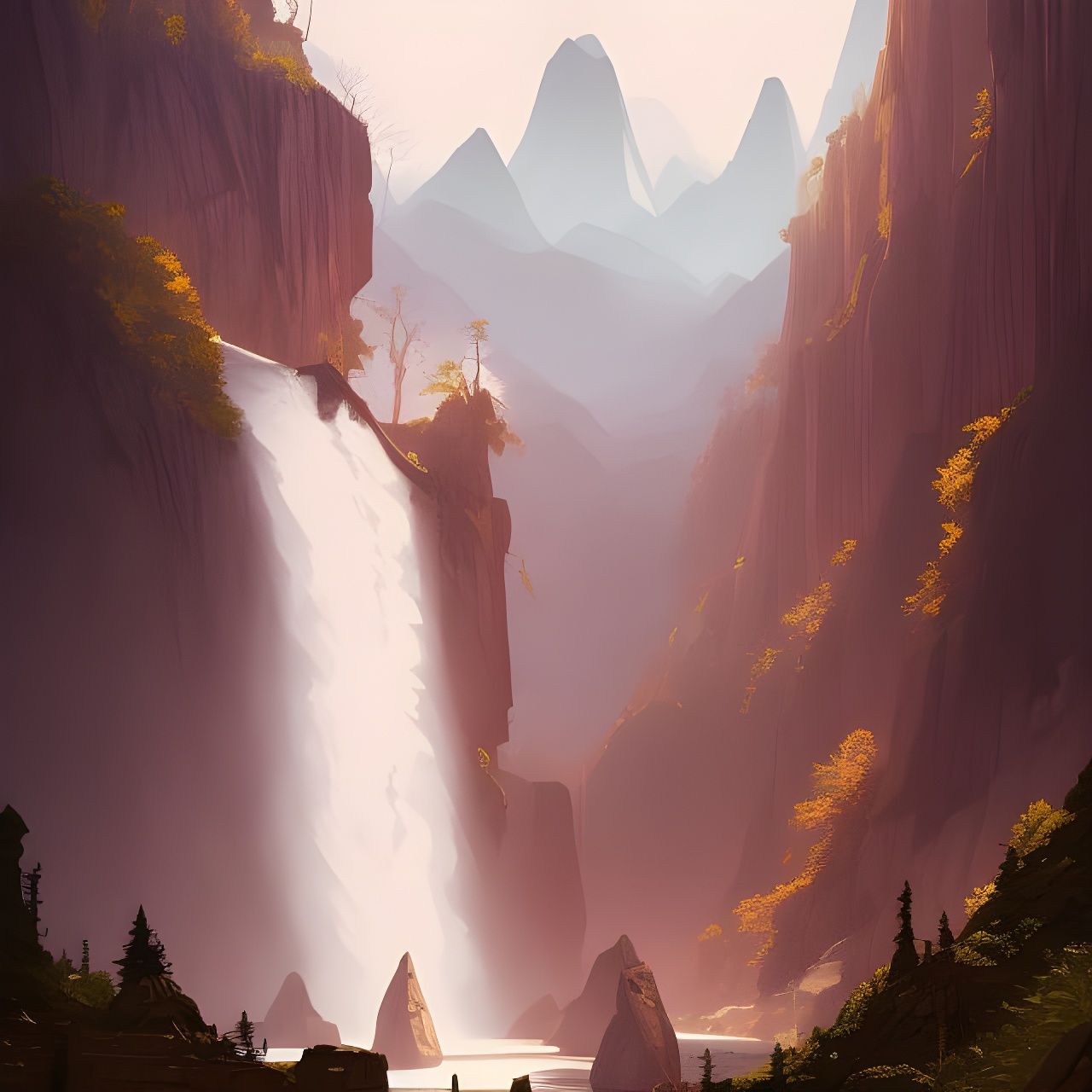 Waterfall and mountains trending on Artstation Greg Rutkowski Wes ...