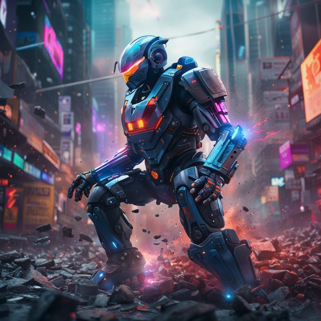 futuristic robo cop crushing down riot in a vibrant ultramodern city ...