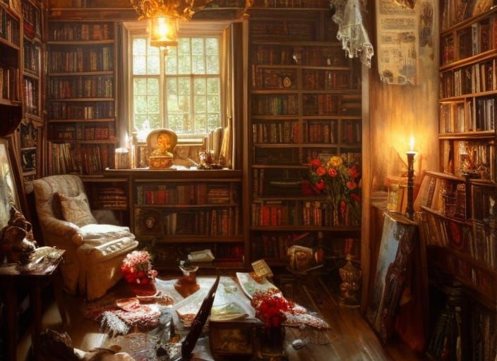 "Interior of Cozy Cottage library" pictures, candles, flowers, inviting ...