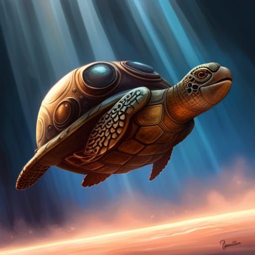 a steampunk submarine in the shape of a sea turtle illustrator, by ...