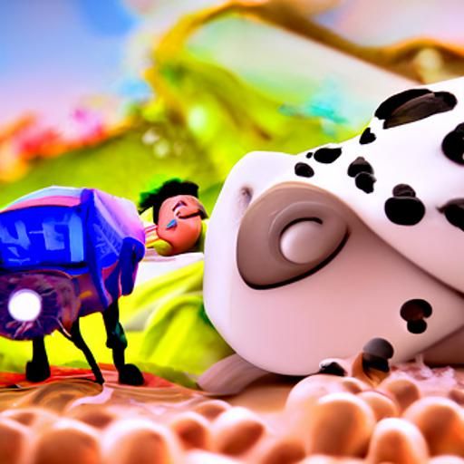 a cow eating poop and watching netflix on a bed with his son - AI ...