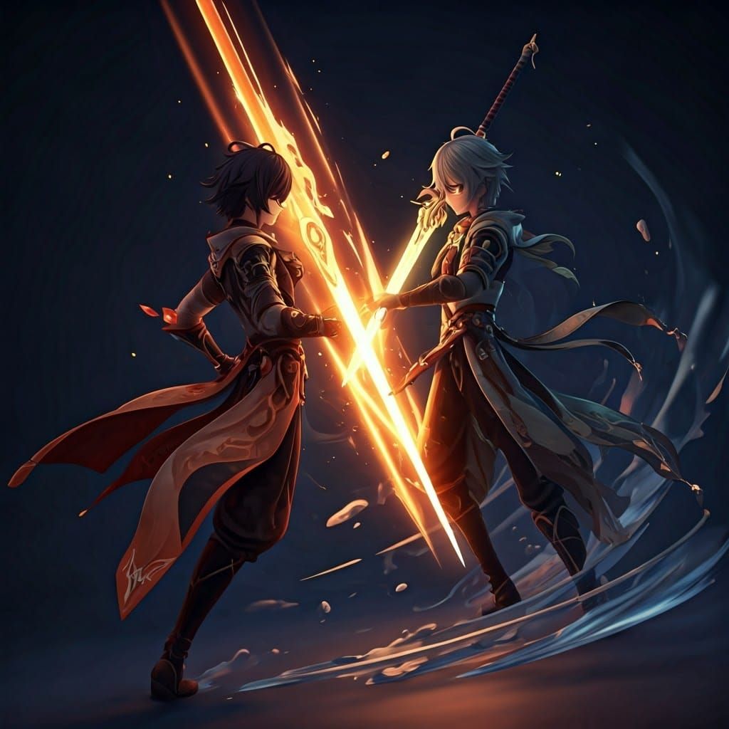 Anime-Inspired Elemental Swords Clash in 3D Concep... - AI Art