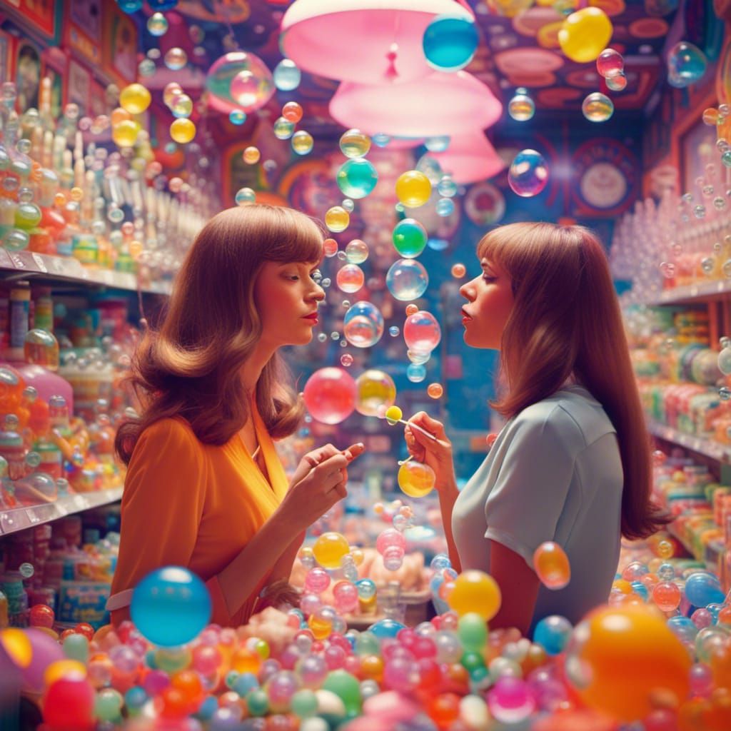 Women blowing bubbles in a psychedelic candy store colorful vivid soft ...