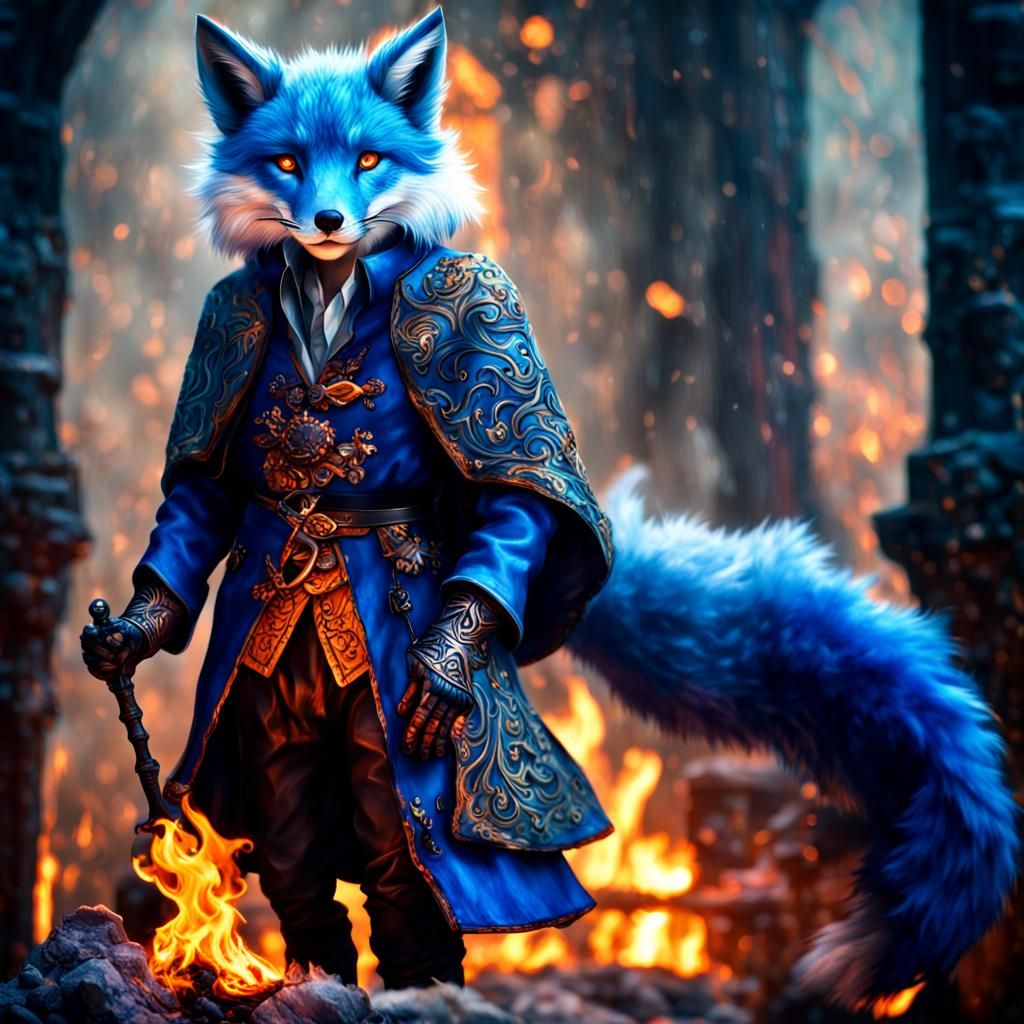 pathfinder, blue fur, kitsune, oracle, tall, fire mystery, whimsical ...