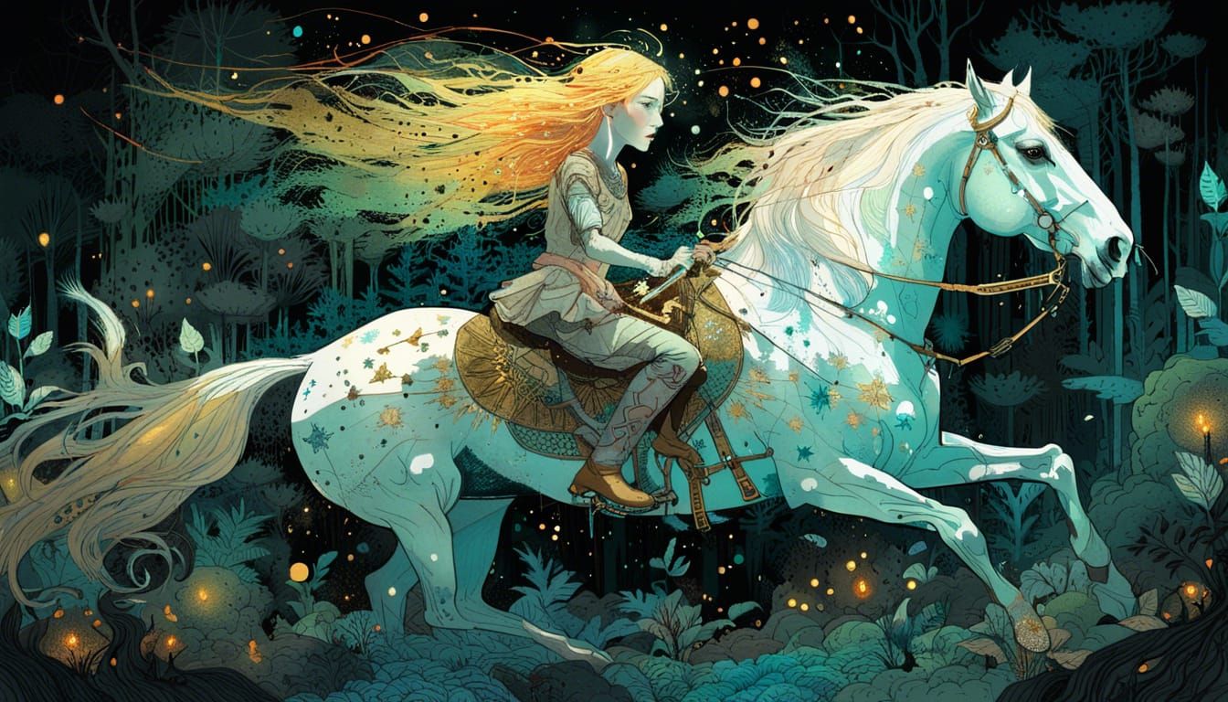 beautiful princess with golden hair, scared, riding on her white horse ...