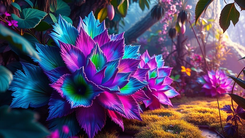 Imagine a hidden garden where plants are made of fractals and geometric ...