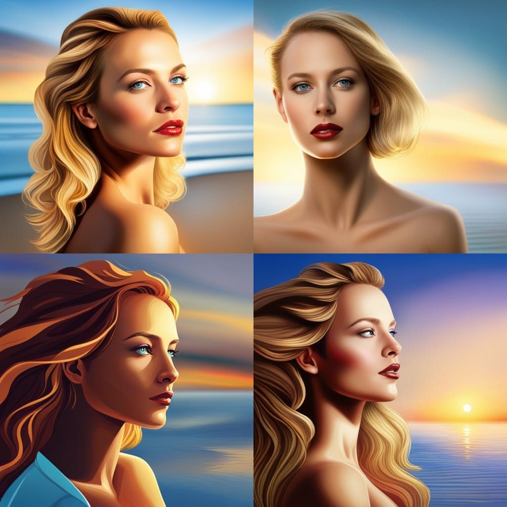 (half profile portrait) Deep red-gold sunset, shimmering air. Beautiful ...